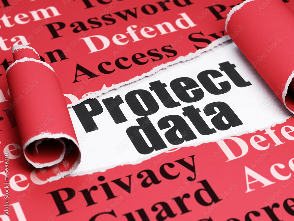 Safety concept: black text Protect Data under the piece of torn paper ...