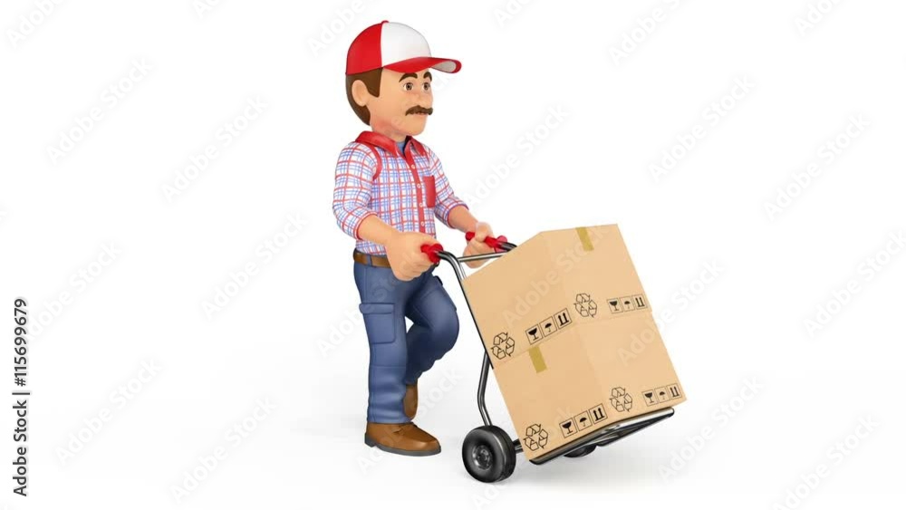 3d footage. Delivery man pushing a hand truck with boxes. Loop ...
