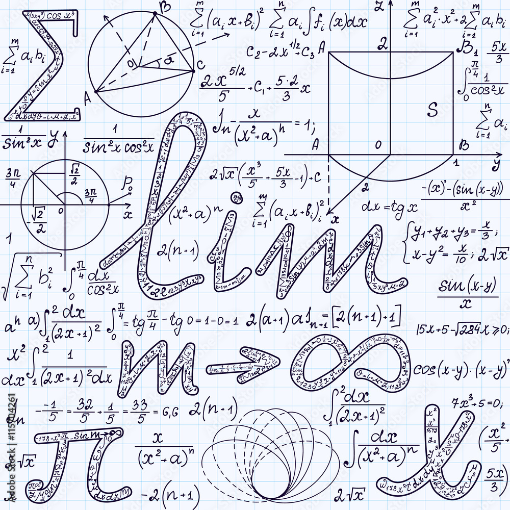 Algebraic vector seamless texture with many various mathematical signs ...