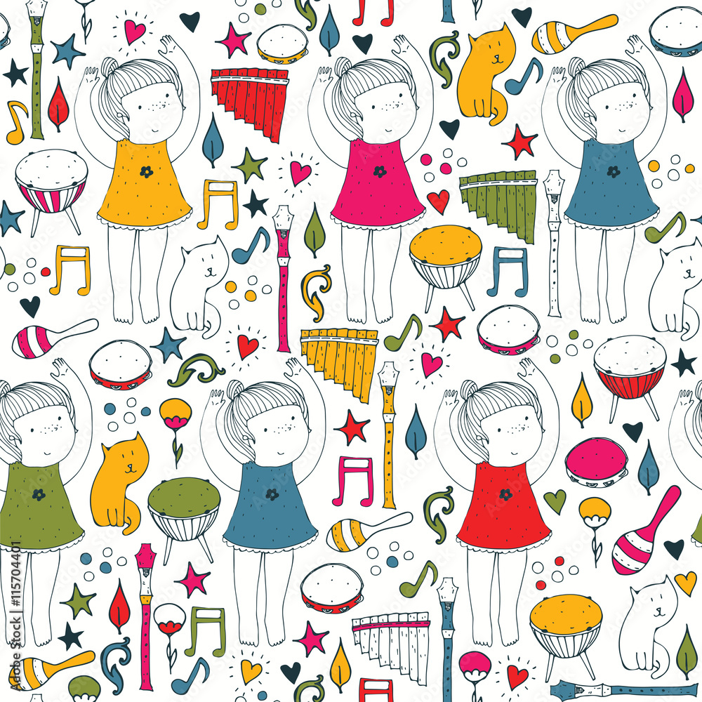 Vector colorful on white seamless illustration with cute dancing girl ...