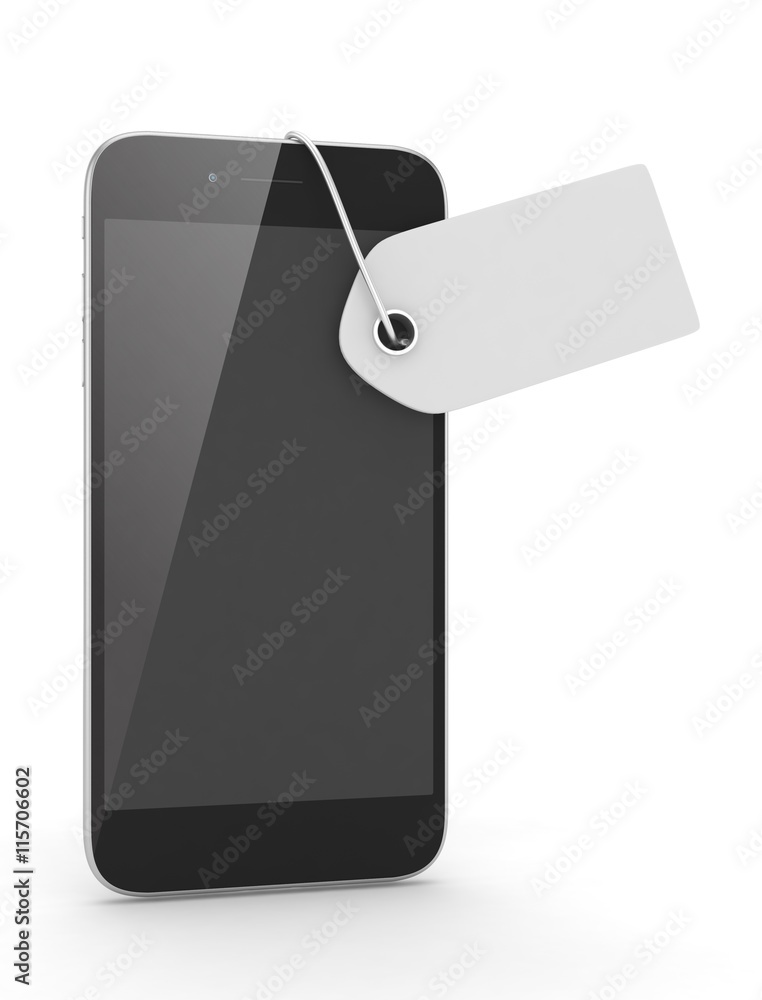 Smart phone with price tag on white background. Identification, price ...