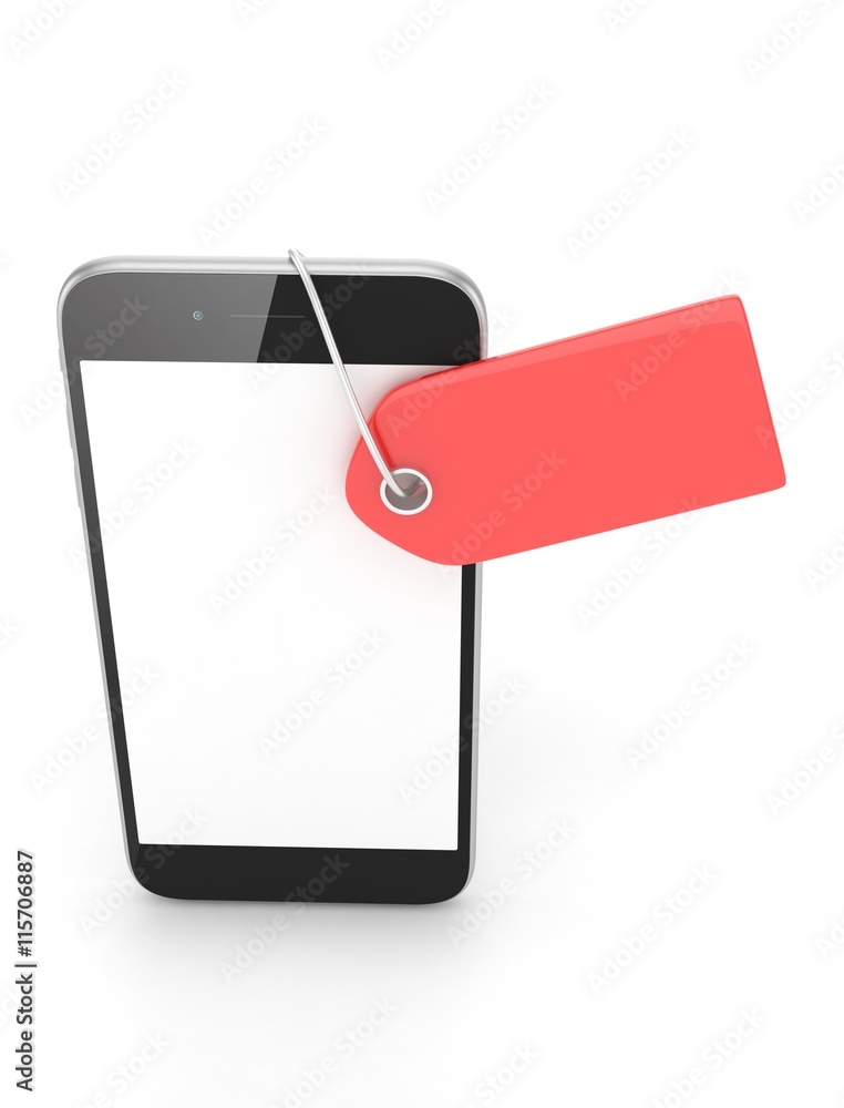 Smart phone with red price tag on white background. Identification ...