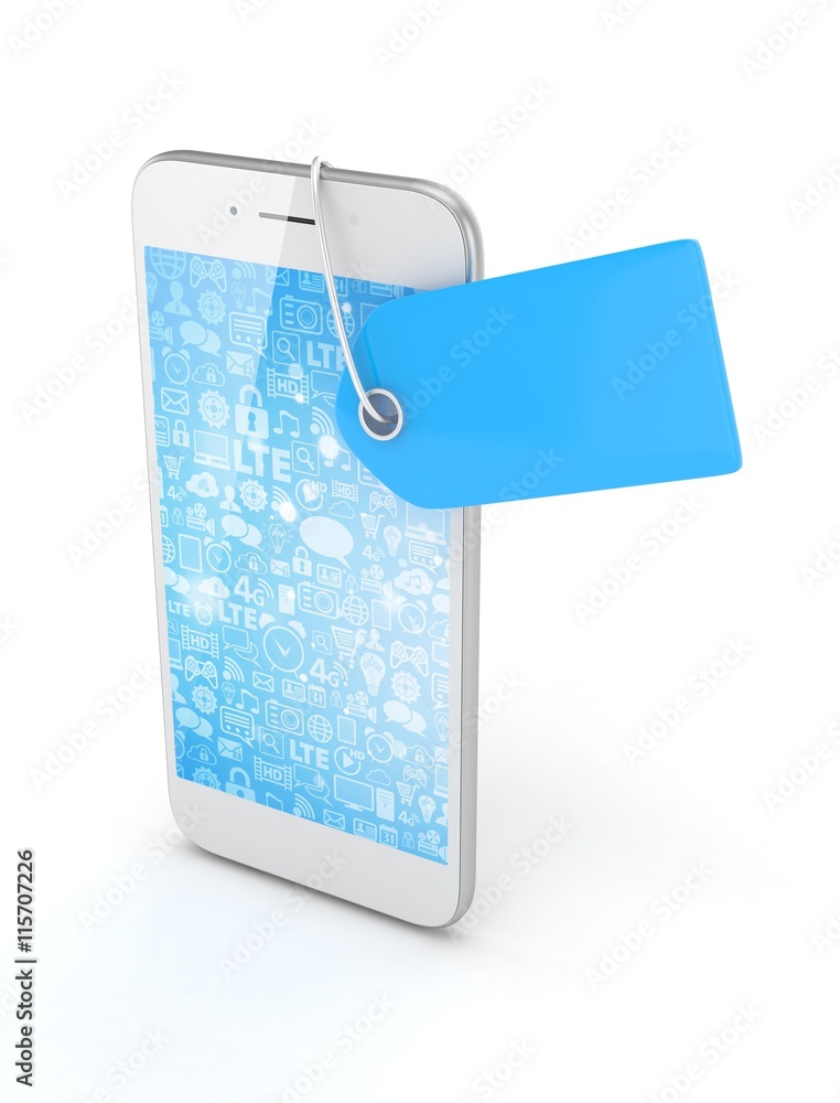 White smart phone with blue price tag on white background ...