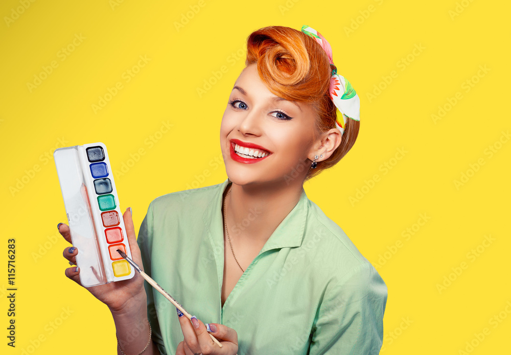 Pin up girl holding painting palette brushes Stock Photo | Adobe Stock