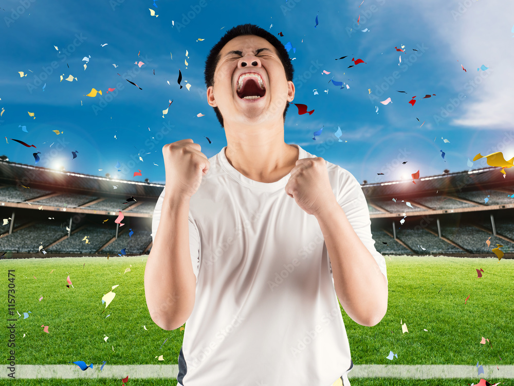 asian football fan celebrate with stadium and confetti background Stock ...