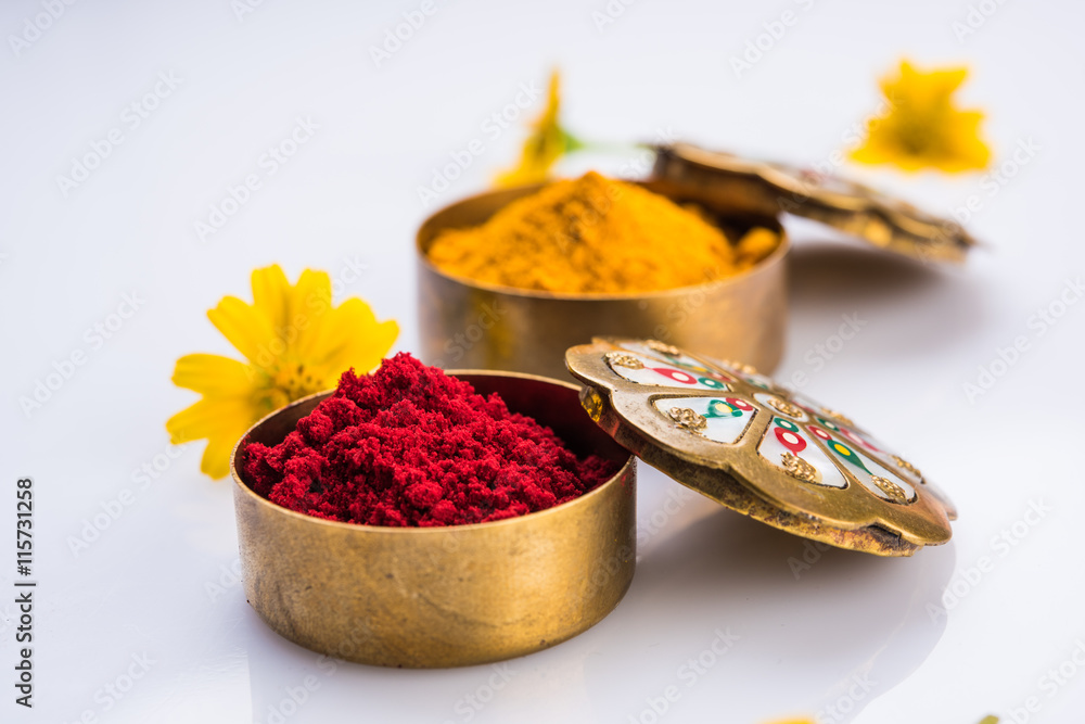 huldi kumkum or kum kumwith flowers, isolated over white background ...