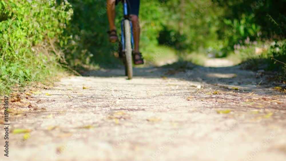 Cyclist riding a mountain bike on a nature trail demonstrates the wagon ...