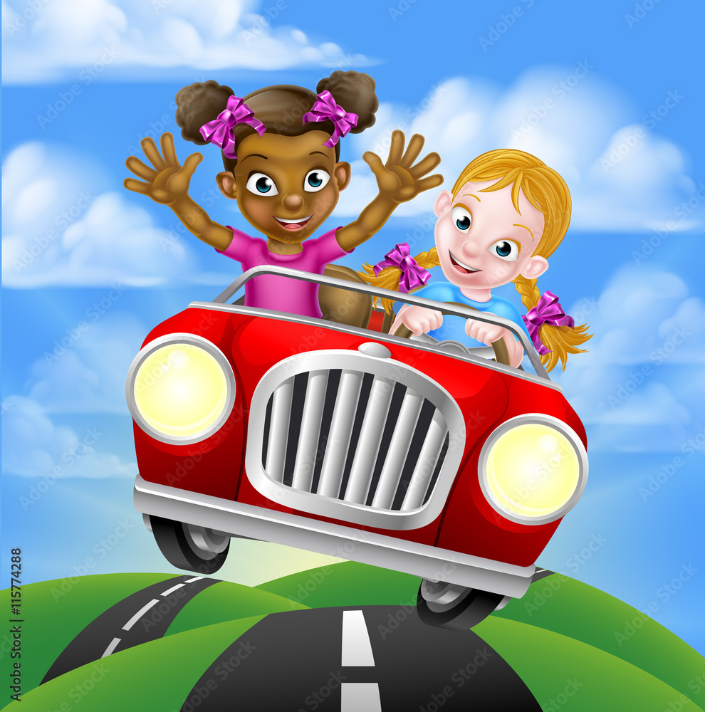 Cartoon Girls Driving Car Stock Vector | Adobe Stock