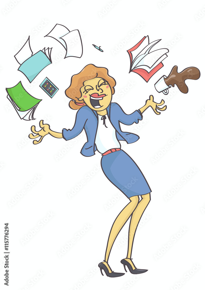 Cartoon illustration of business woman, clerk or secretary throwing ...