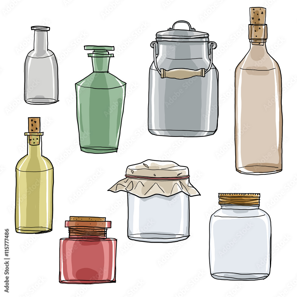 set of hand drawn empty jars and bottles vintage art cute illus Stock ...