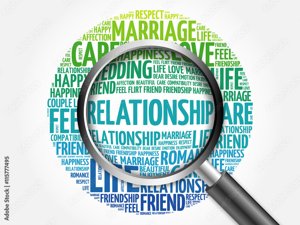 Relationship word cloud with magnifying glass, business concept 3D ...