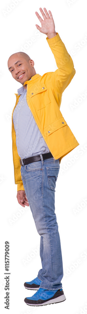 Cutout man makes a bye gesture with his left hand. He is standing in a ...