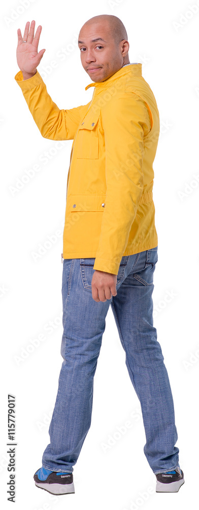 Turned cutout young man waving hand. He shows a goodbye gesture to his ...