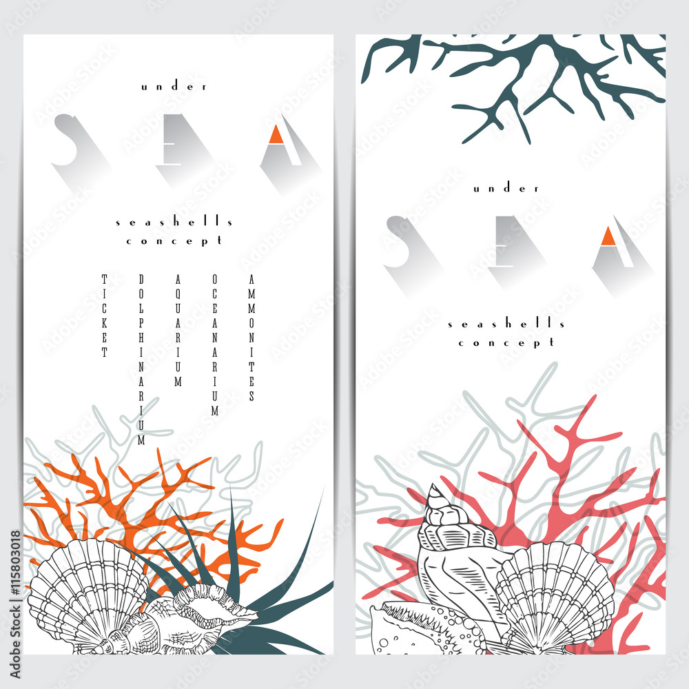 Sea life concept design, seashells vector line art composition with ...