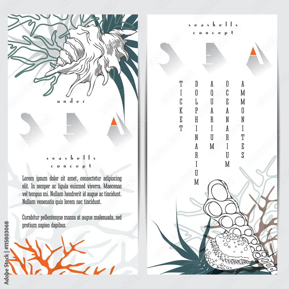 Sea life concept design, seashells vector line art composition with ...