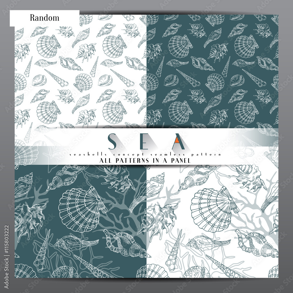 Seashells vector seamless pattern simple monochrome with algae and ...