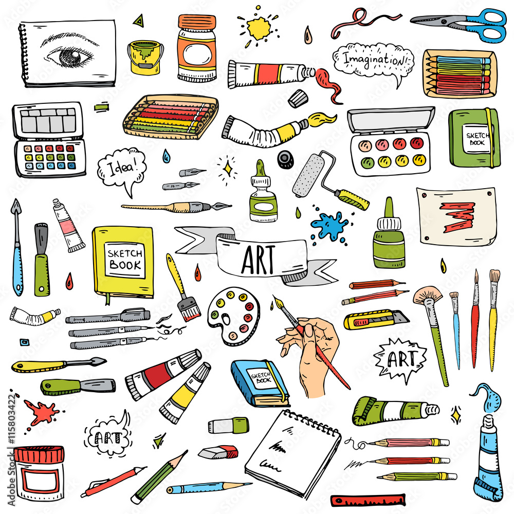 Hand drawn doodle Art and Craft tools icons set Vector illustration art ...