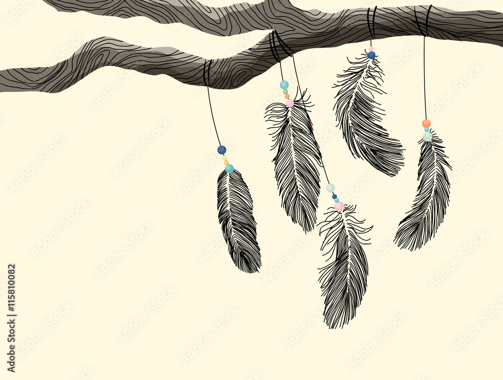 Hand drawn outline feather hanging on tree Stock Vector | Adobe Stock