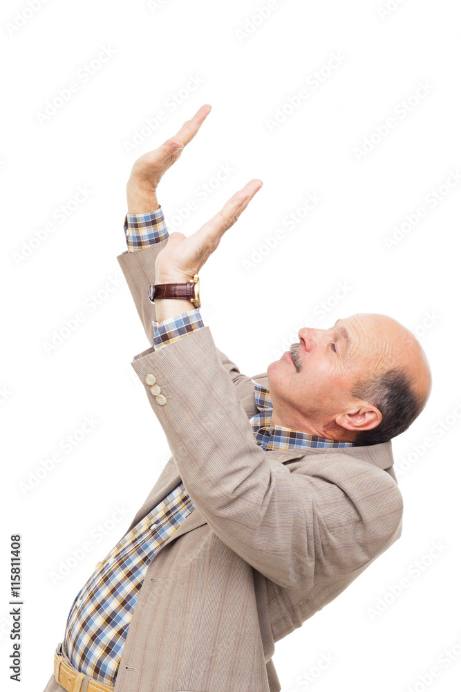 elderly man is protected from something falling on his head exposing ...