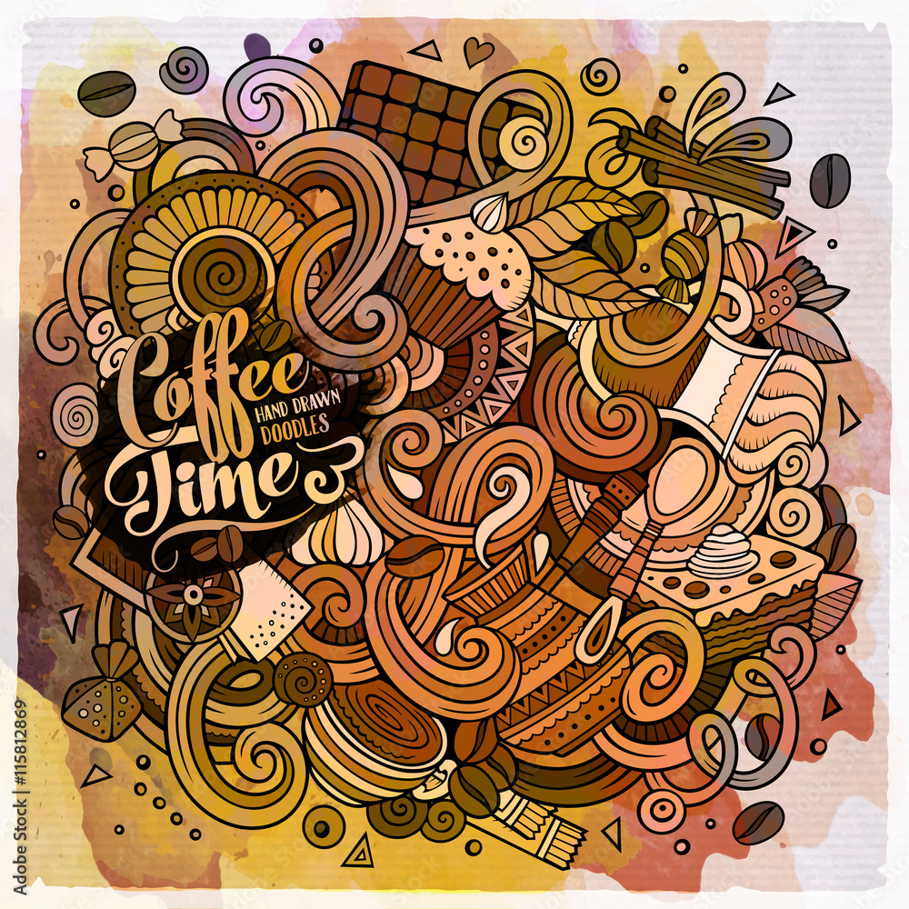 Cartoon hand-drawn doodles of cafe, coffee shop background Stock Vector ...