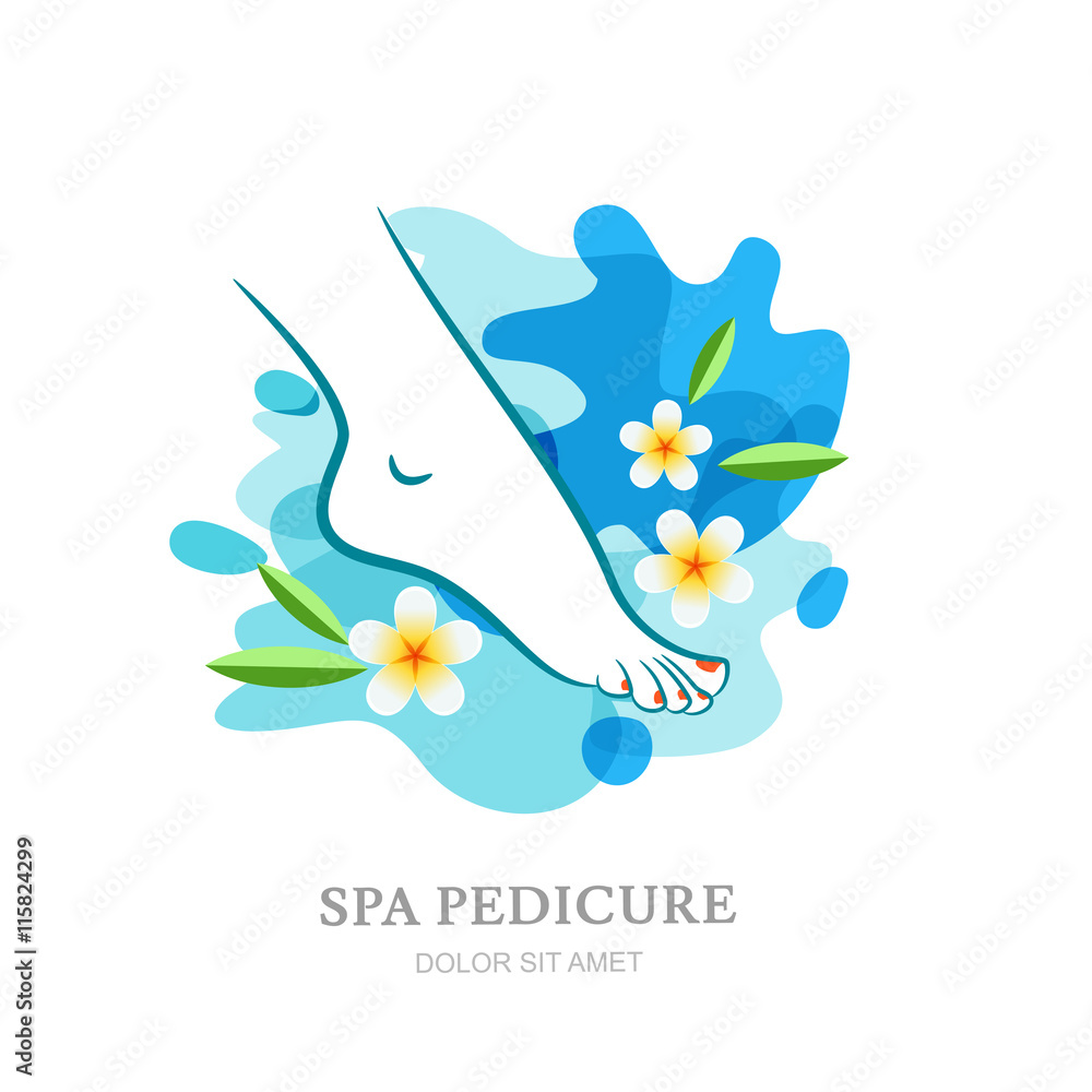 Female foot and flowers on water splash background. Vector logo, label ...
