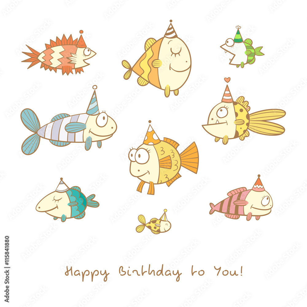 Birthday card with cute cartoon colorful fishes in party hats ...