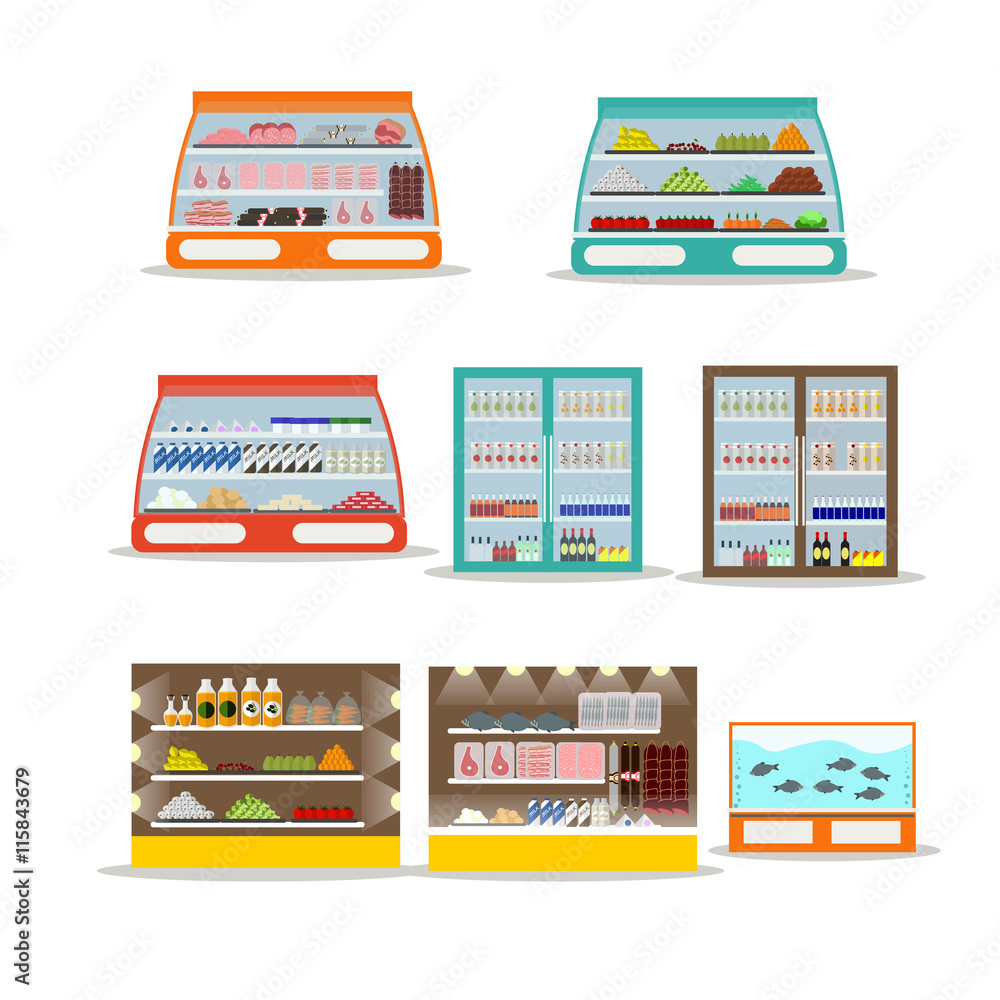 Vector set of store shelf. Supermarket shop interior design elements ...