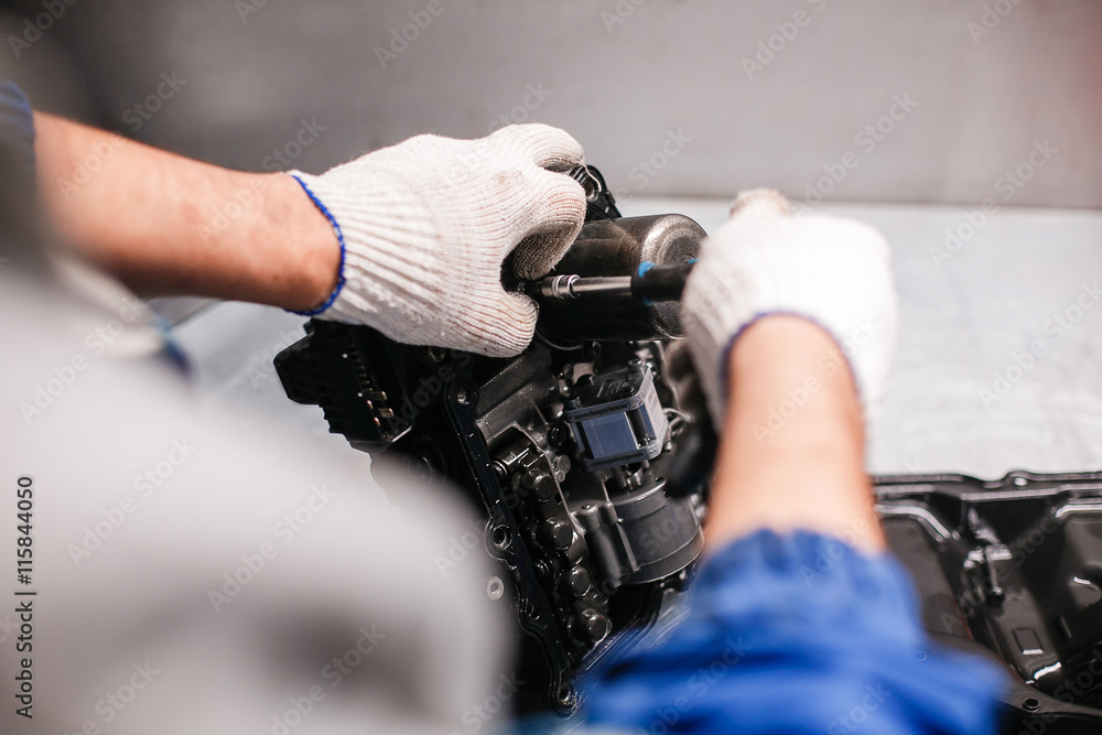 Cross-section of a car gearbox. mechanics work in the garage Stock ...