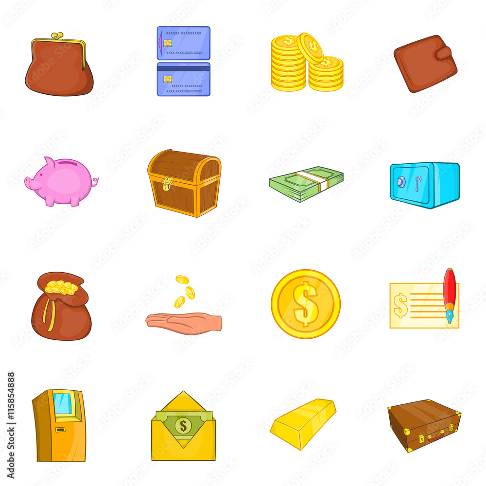 Finance icons in cartoon style. Money set collection isolated vector ...
