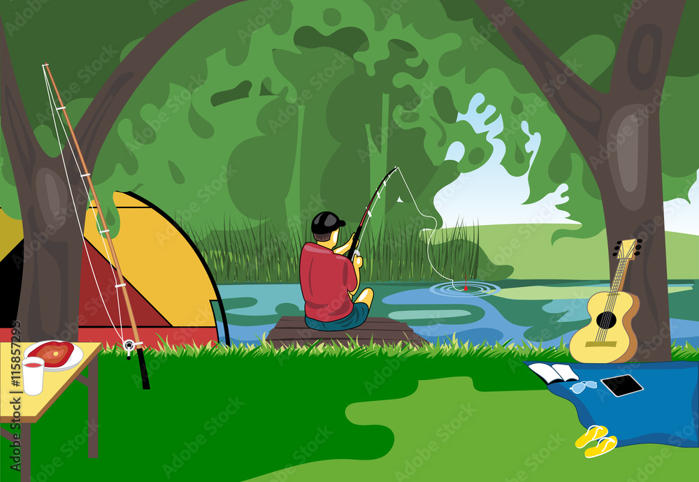 Camping day celebration, river fishing with a tent in the middle of ...