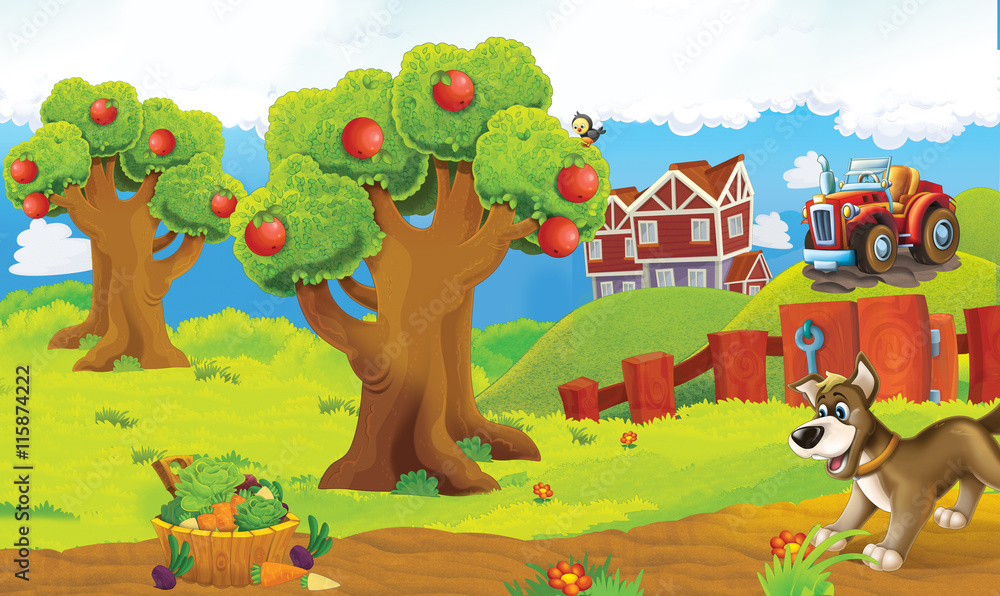 Cartoon happy and funny colorful farm scene - with dog on the stage ...
