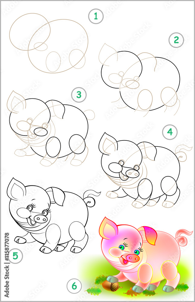 Page shows how to learn step by step to draw little pig. Developing ...