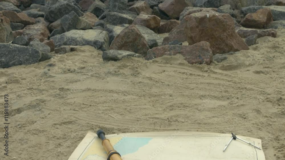 Marine instruments,chart,compass,telescope spyglass,protractor,shoulder ...