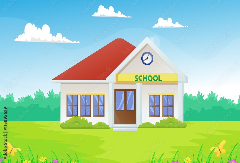 Cartoon school building with green yard Stock Vector | Adobe Stock
