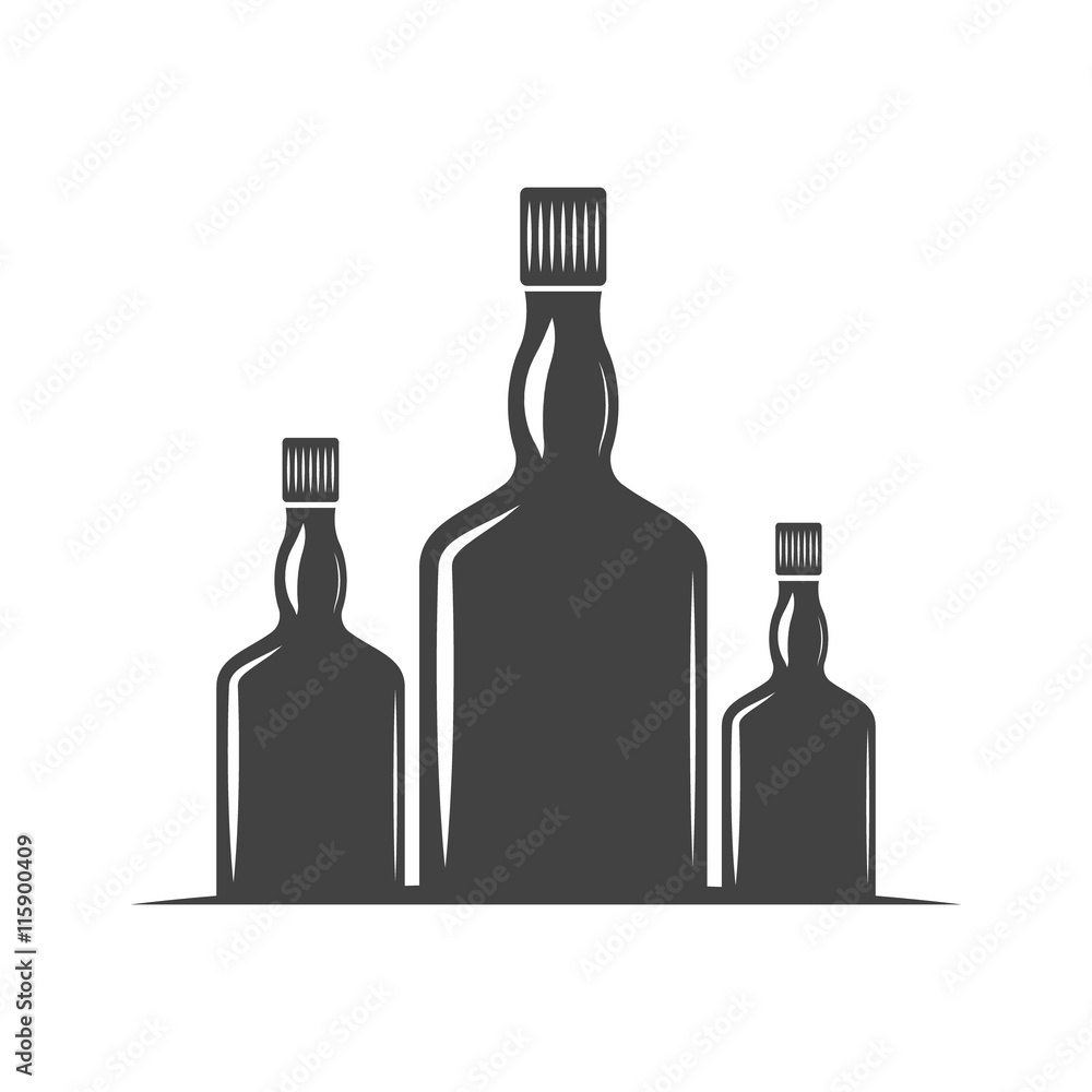 Three bottles for whiskey with screw cap. Black icon, logo element ...