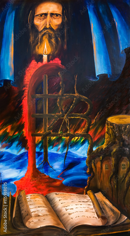Oil painting. Jesus Christ's face lighted candle and the old Bible ...