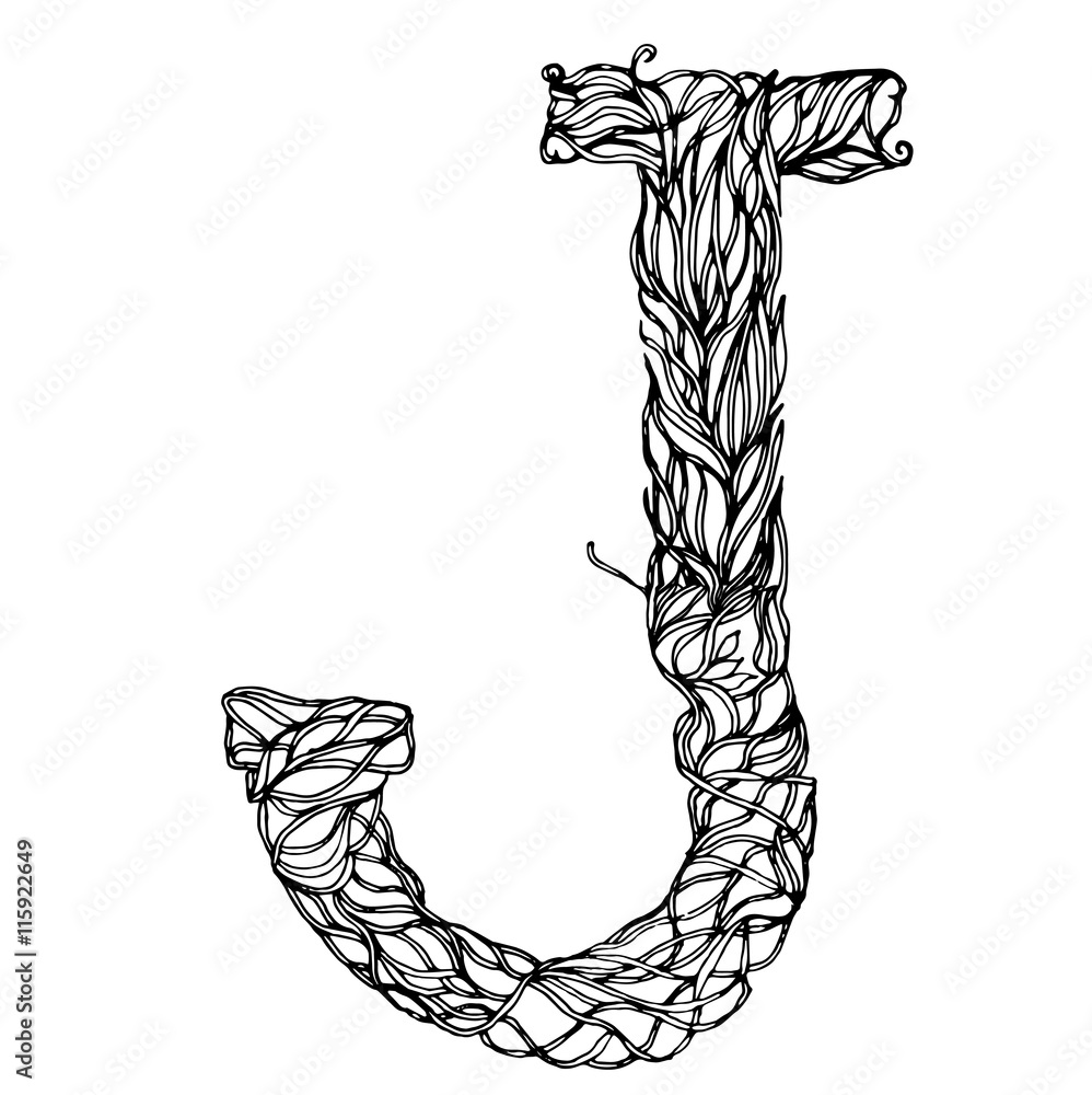 Herbarium font, type. Herbal vector letters. Letter J. Uncolored ...