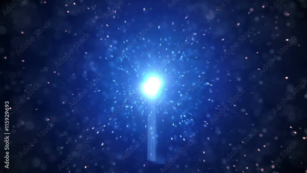 Blue lens flares and flying particles. Abstract seamless loop ...