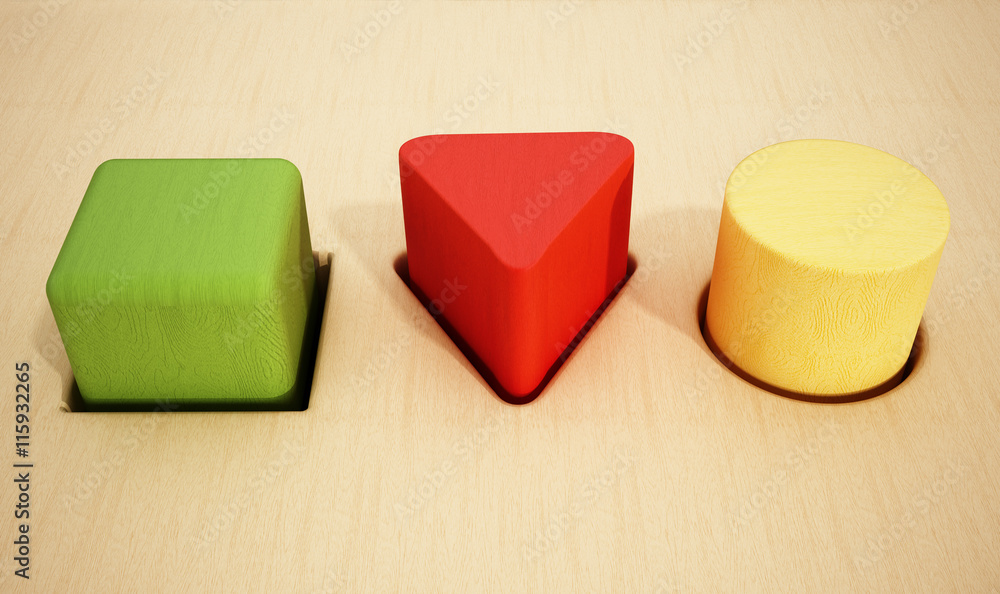 Cube, prism and cylinder wooden blocks inside holes. 3D illustration ...