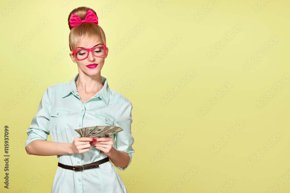 Fashion. Woman with Dollar Bill, cash in Stylish Glasses Having Fun ...