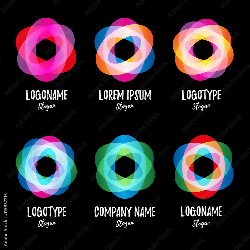 Colored intersecting ovals on black background. Abstract twist isolated vector colorful logo ...