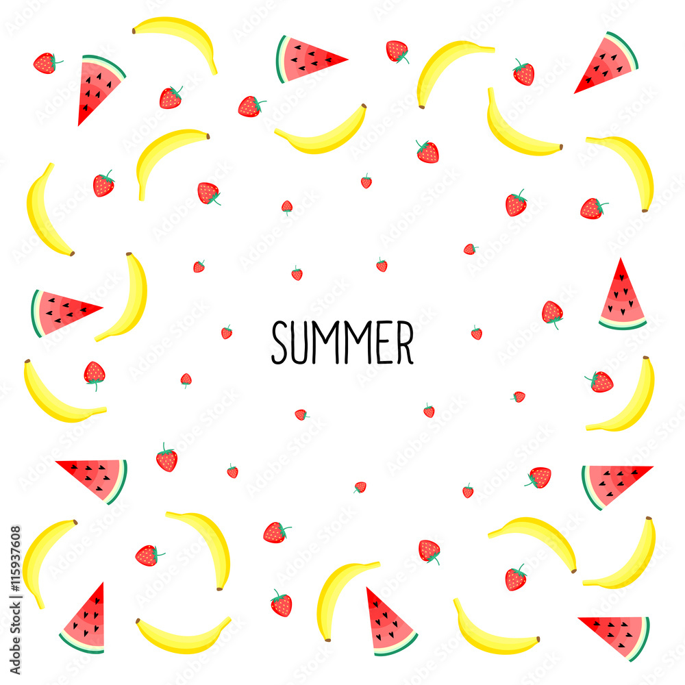 Summer card. Fruits design with yellow bananas, watermelon and juicy ...