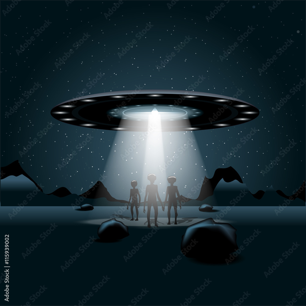 Aliens on a planet, a flying unidentified ship with light over a ...