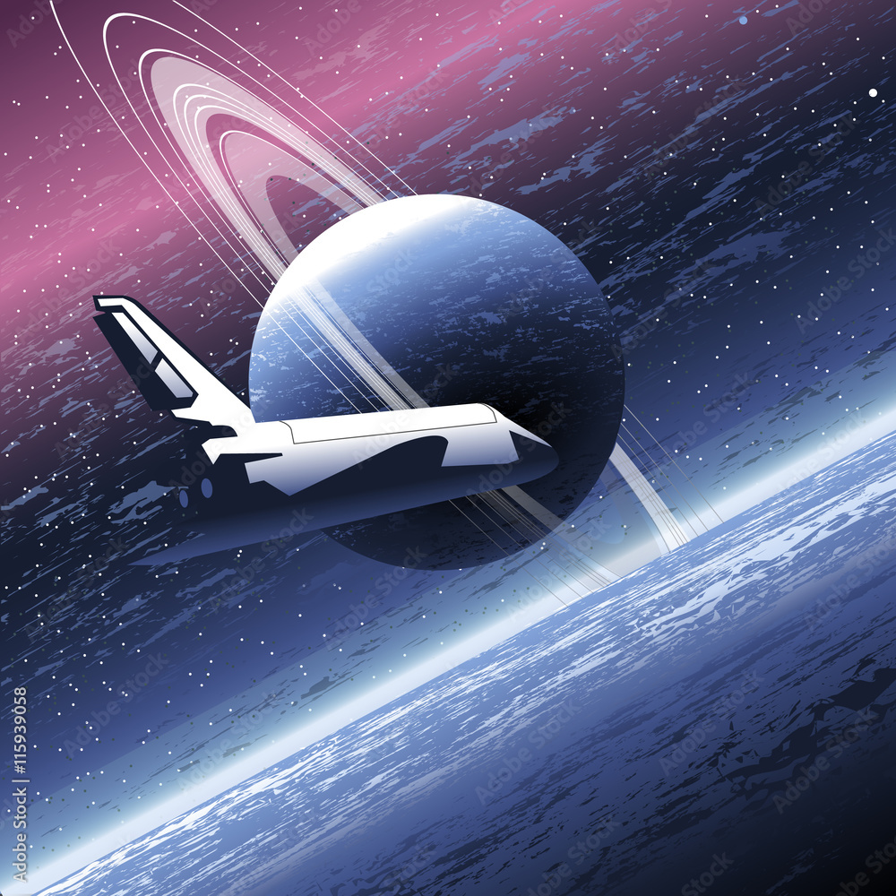 Shuttle in space orbiting a big planet with many rings. Digital vector ...