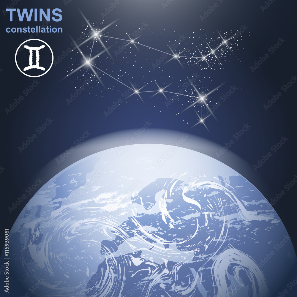 Twins constellation with stars and planet earth in 3d with light and ...