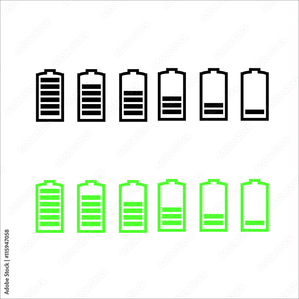 Battery life, battery level indicators black and green battery icon ...