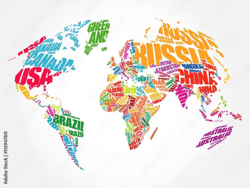 World Map in Typography word cloud concept, names of countries Stock ...