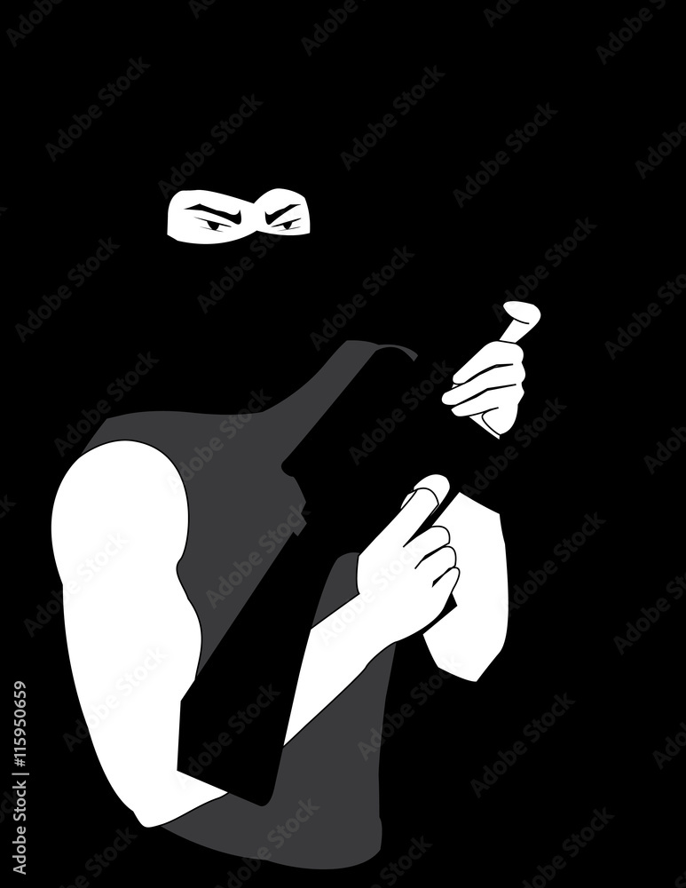 Illustration of terrorist with rifle against black background Stock ...