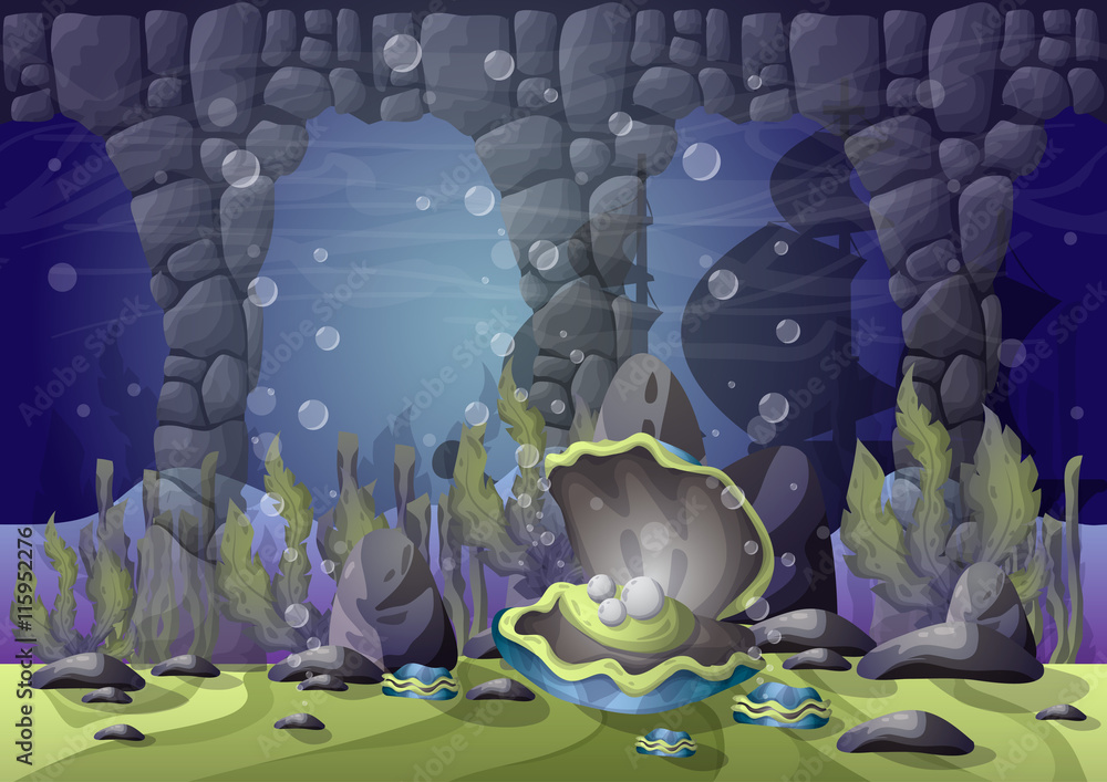 cartoon vector underwater landscape with separated layers for game and ...