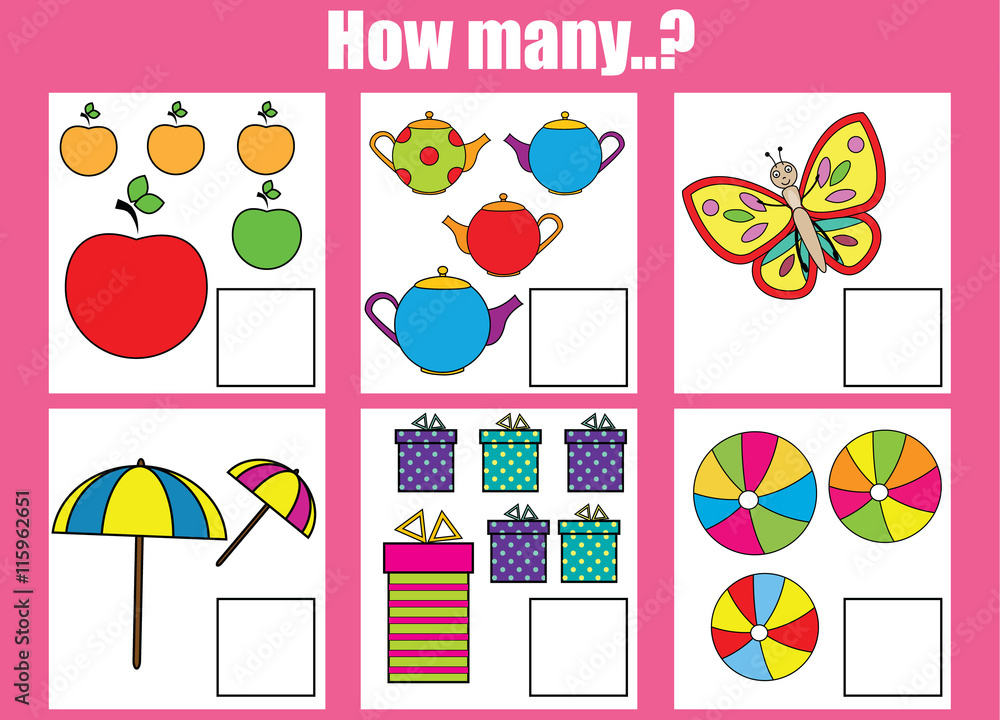 Counting educational children game, kids activity. How many objects ...
